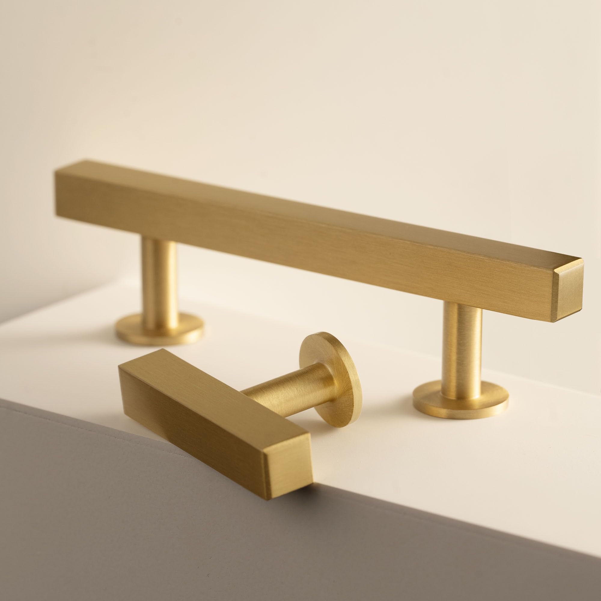 QOGRISUN 2-Pack Solid Brass Cabinet Handles, Gold Square T Bar Cabinet Pulls, 5 Inch Hole Center for Kitchen Dresser Drawer Cupboard, Brushed Brass Finish