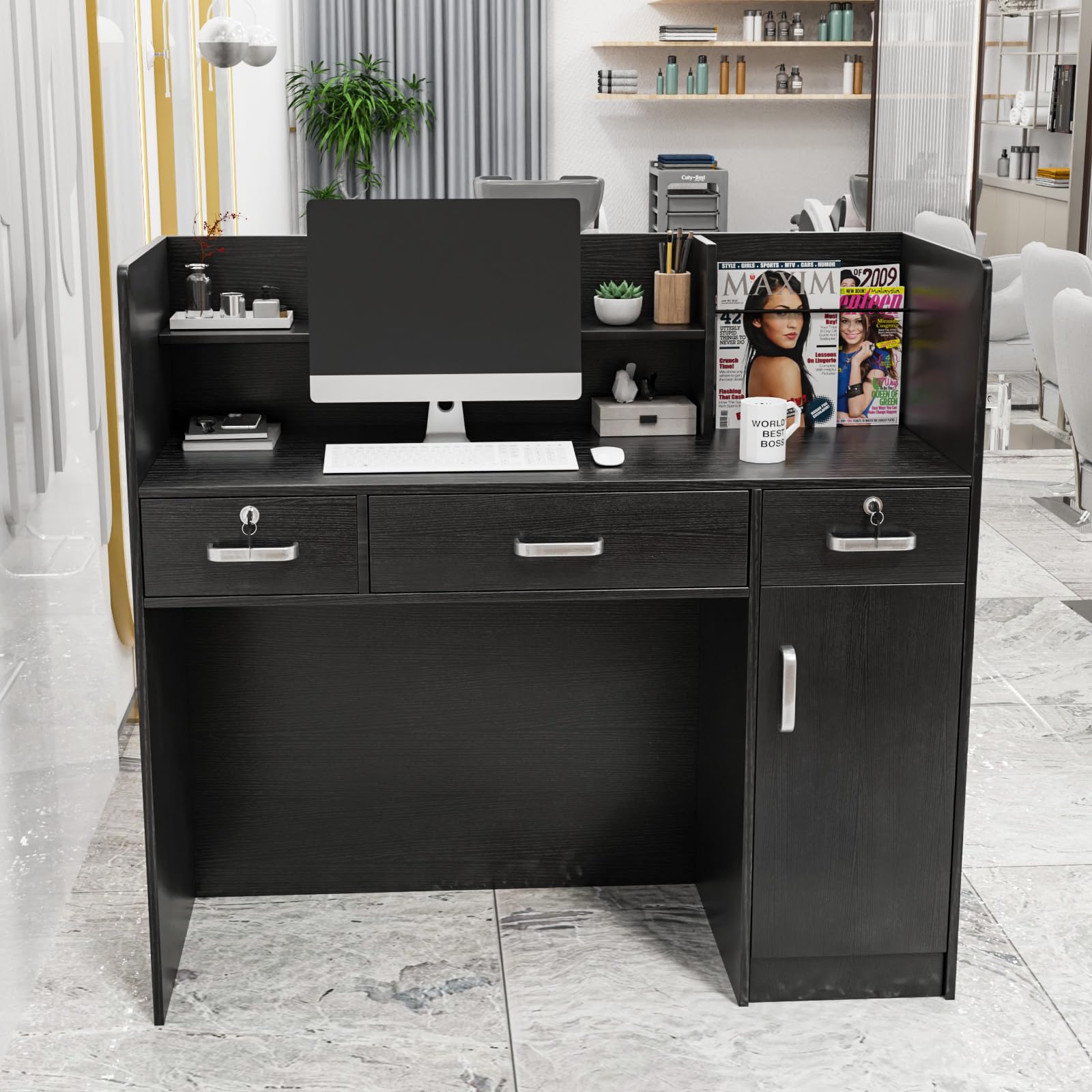 LEADZM H-Shaped Reception Desk with Counter, Front Desk with Lockable Drawers & Adjustable Shelf, Retail Checkout Counter for Beauty Salon Office (Black)