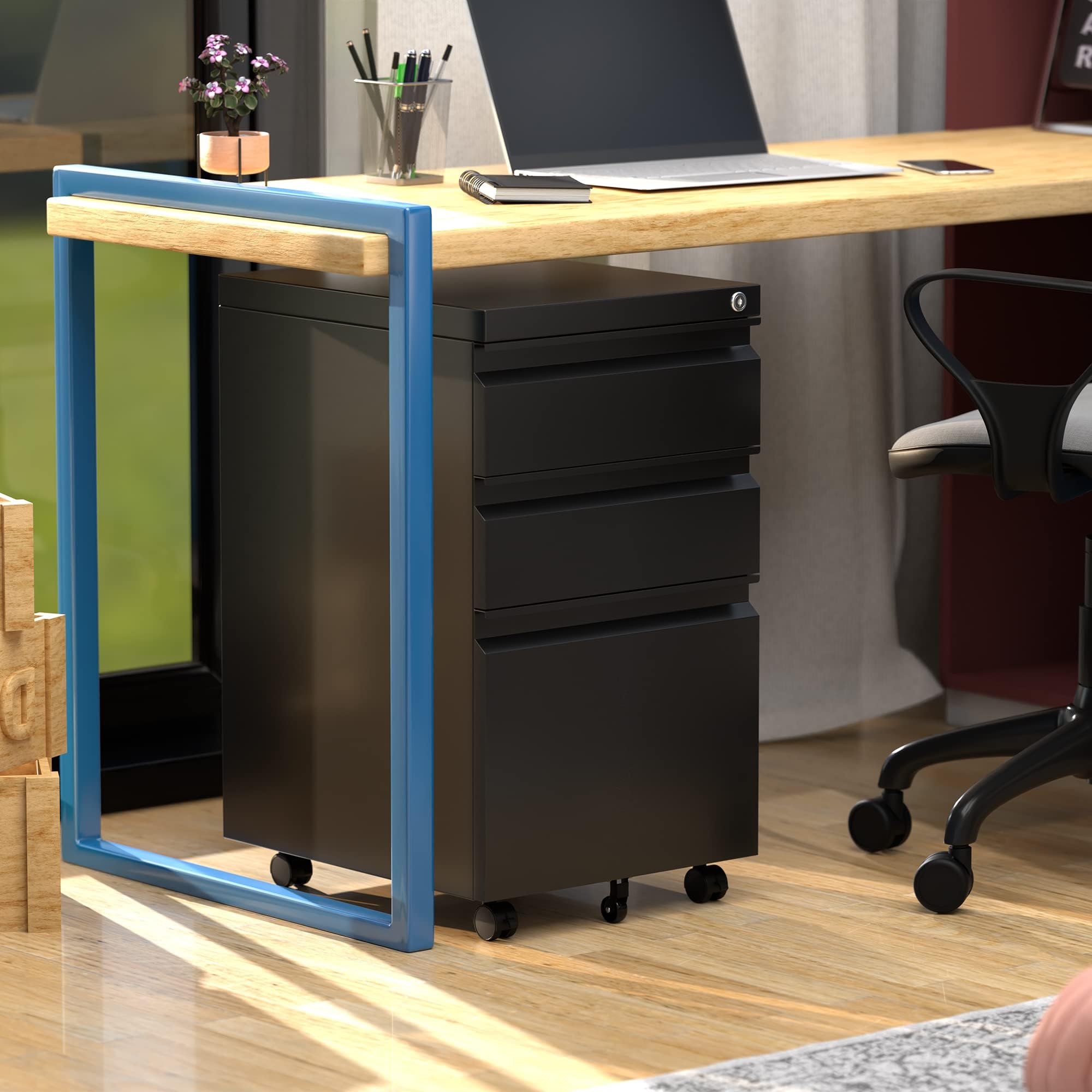 Reemoon Metal Rolling File Cabinet with 3 Drawers, Under Desk Mobile Filing Storage Cabinet with Lock for Home Office Scool,Required Assembly,Black