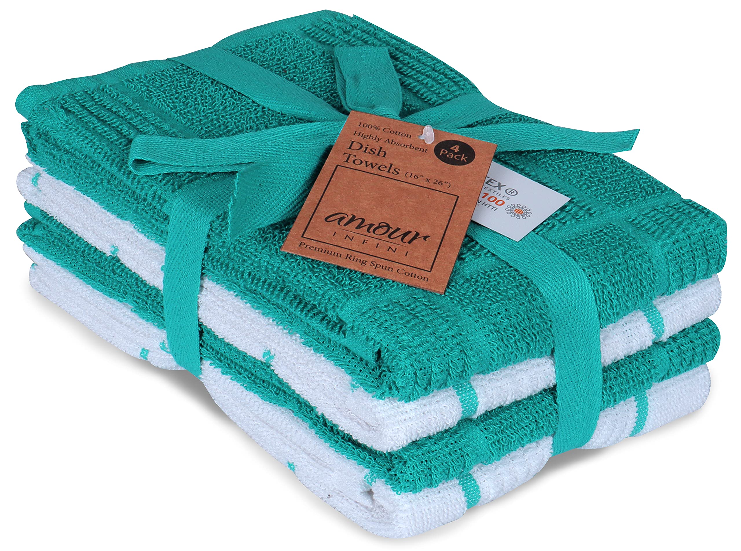 AMOUR INFINI Kitchen Towels Pack of 4 Absorbent, Quick Drying Premium Terry Cotton Dish Towel with Hanging Loop 16x28 Inch Hand & Tea Towels (Teal)