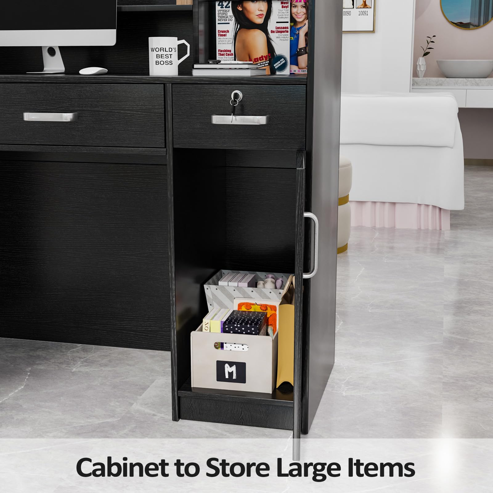 LEADZM H-Shaped Reception Desk with Counter, Front Desk with Lockable Drawers & Adjustable Shelf, Retail Checkout Counter for Beauty Salon Office (Black)