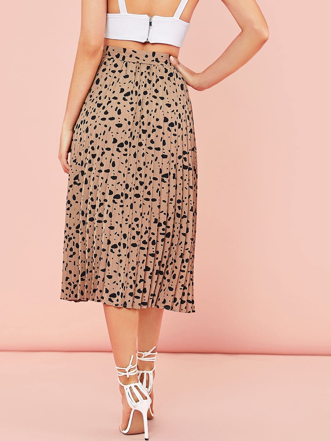 Floerns Women's Floral Printed Elastic Waist A Line Pleated Ruffle Midi Skirt Brown DotsM