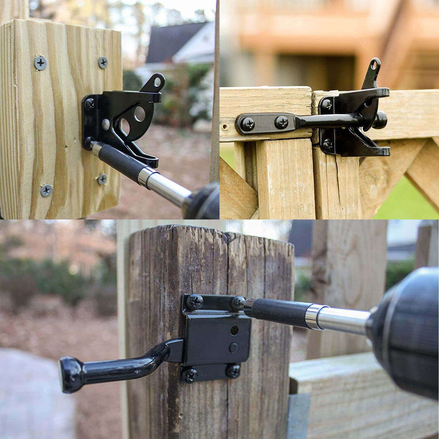 HILLMASTER Upgrade Self-Locking Gate Latch for Wooden Fence Heavy Duty, Automatic Gravity Lever Door Latches with Longer Fasteners & Pull String for Secure Pool, Garden, Black Finish/4.7in