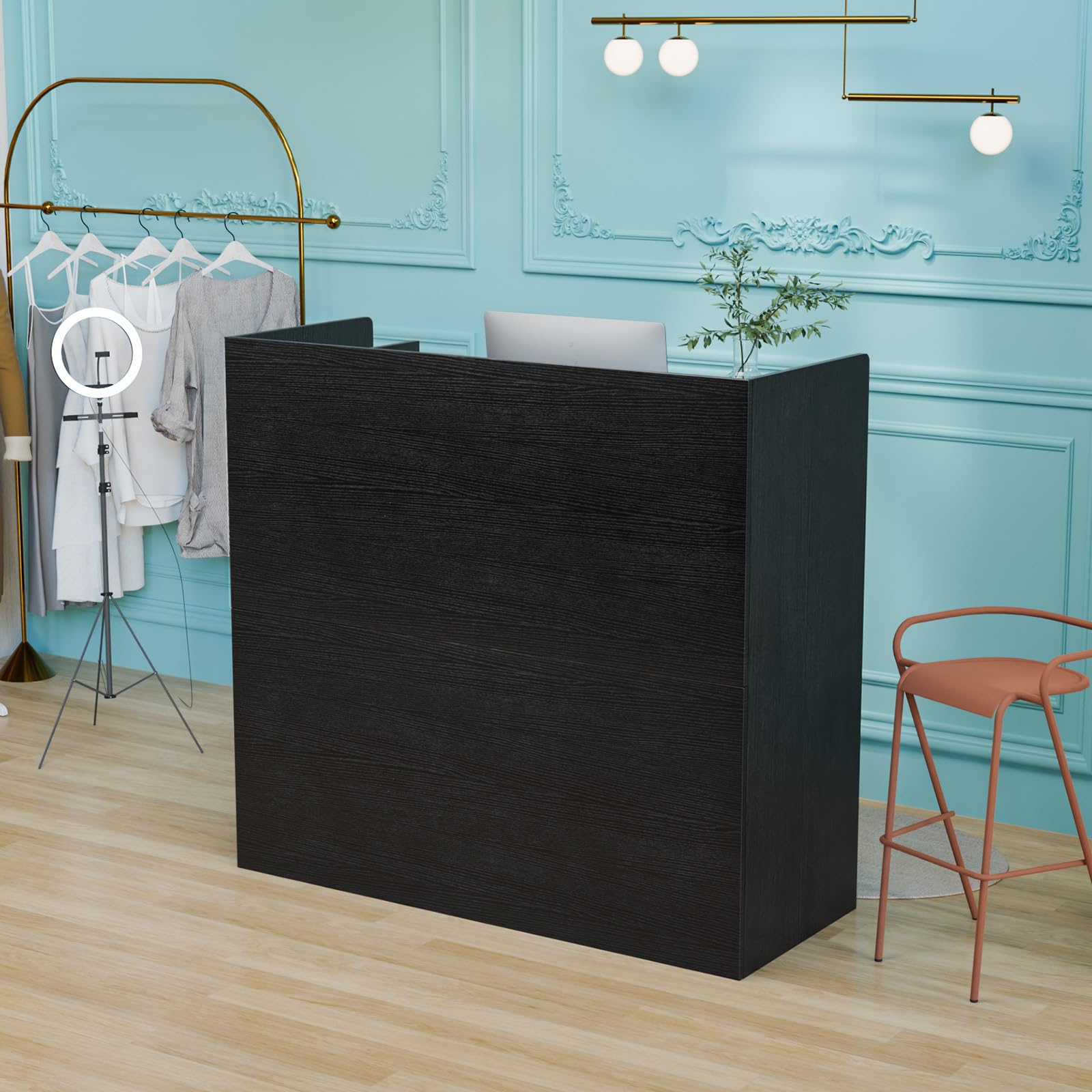 LEADZM H-Shaped Reception Desk with Counter, Front Desk with Lockable Drawers & Adjustable Shelf, Retail Checkout Counter for Beauty Salon Office (Black)