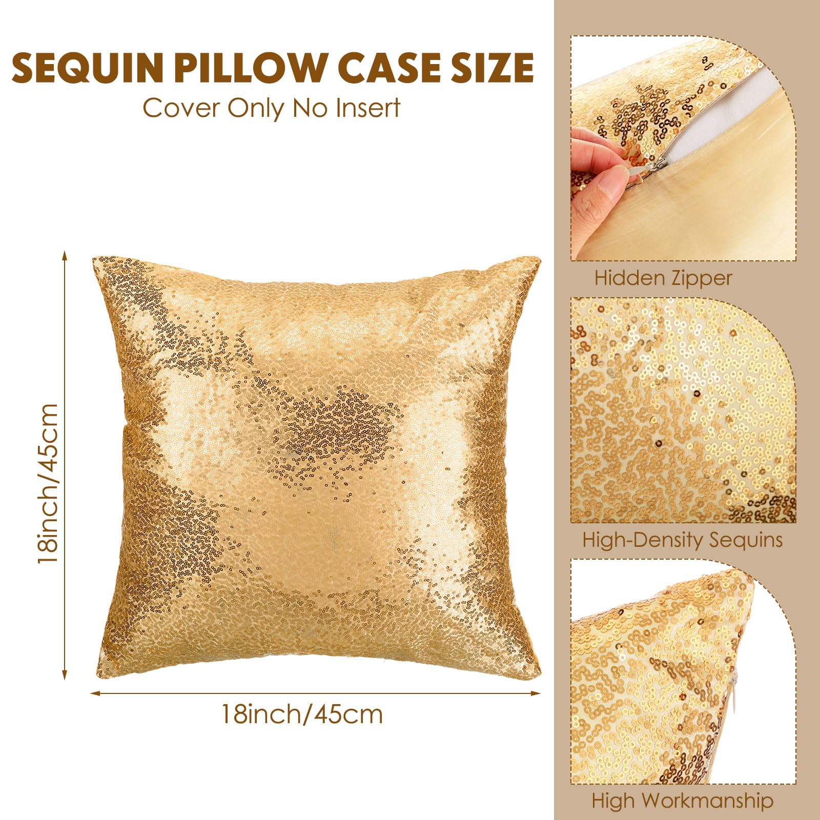 Mixweer 4 Pcs Sequin and Fluffy Pillow Cases Glitter Pillow Covers Faux Fur Throw Covers Decorative Cushion Case for Couch Bed Sofa Wedding, No Insert(18'',Gold, Black)