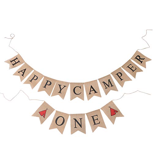 Amosfun One Happy Camper Burlap Banner Camping Party Decoration Happy Camper Birthday Decorations Retirement Birthday Camper Yard Decoration