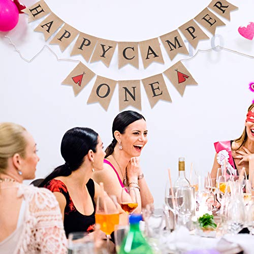 Amosfun One Happy Camper Burlap Banner Camping Party Decoration Happy Camper Birthday Decorations Retirement Birthday Camper Yard Decoration