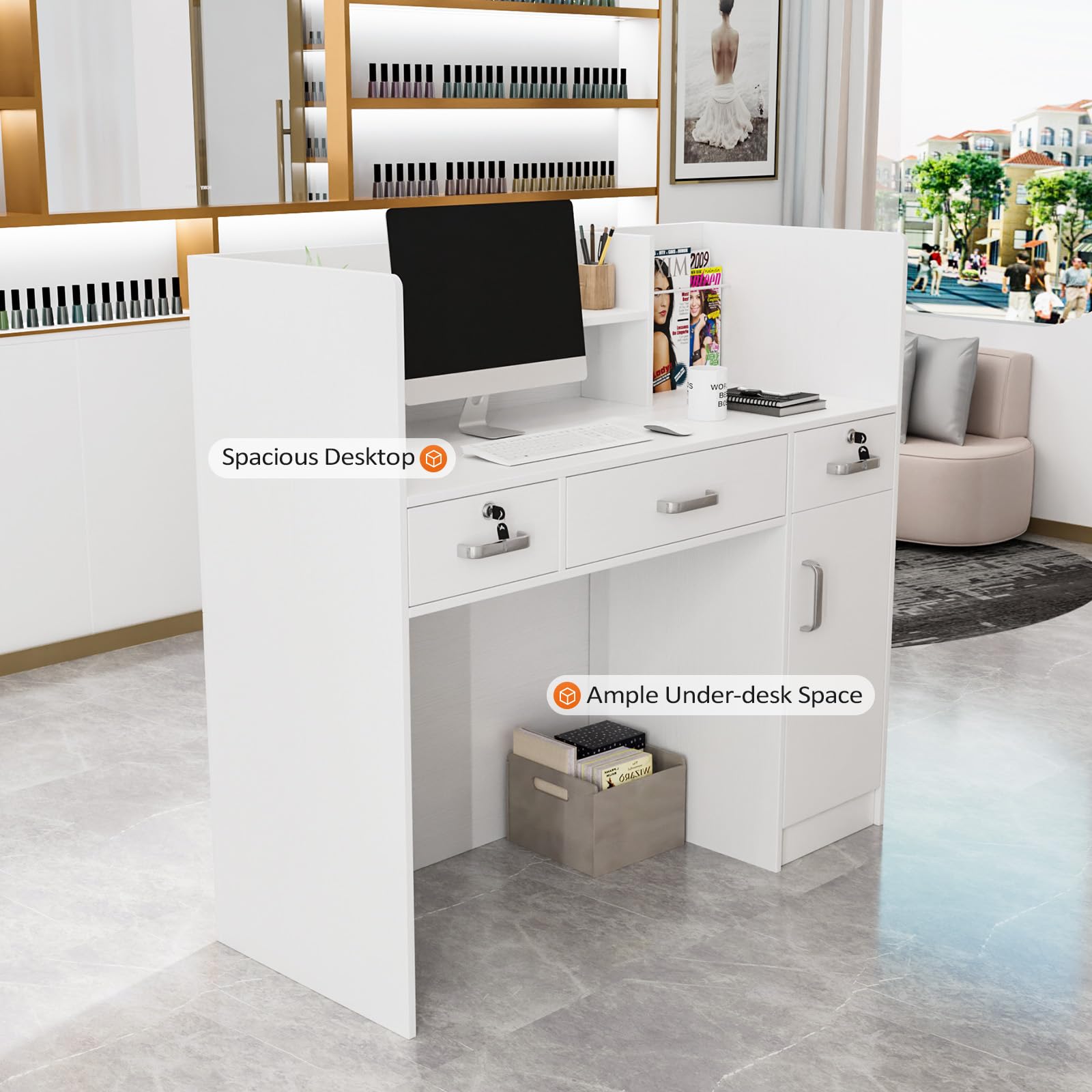 OmySalon Modern Reception Desk, Front Desk Counter with Lockable Drawers and Moveable Shelves, Receptionist Desk Retail Checkout, for Lobby Beauty Salon Office, White (47.2”W x 18.9”D x 43.7”H)