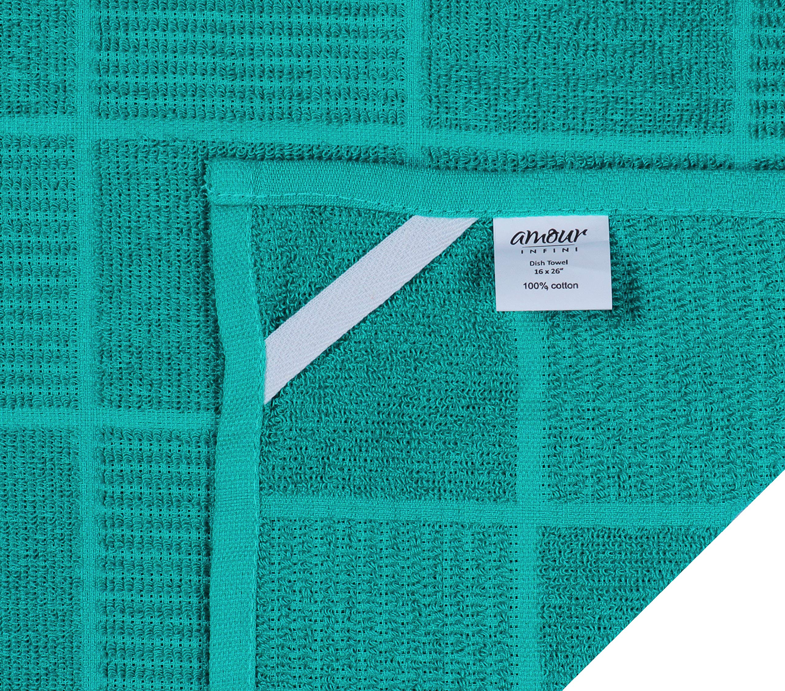 AMOUR INFINI Kitchen Towels Pack of 4 Absorbent, Quick Drying Premium Terry Cotton Dish Towel with Hanging Loop 16x28 Inch Hand & Tea Towels (Teal)