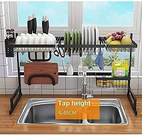 Plate Rack Dish Drainer Rack Over Sink Display Shelf Drainer Stainless Steel Kitchen Supplies Storage Shelf Utensils Holder Pan Plate Holder (Color : Black, Size : 65x32x52cm)