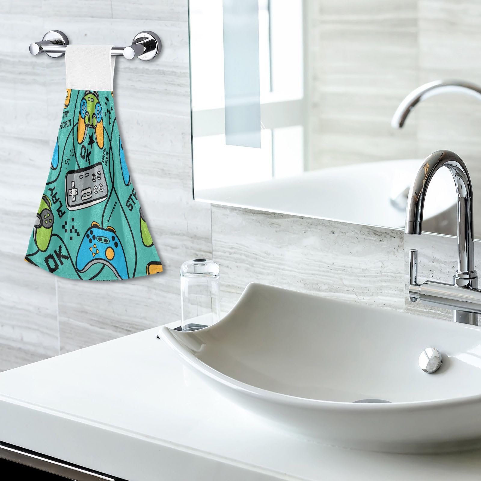SLHKPNS Cartoon Game Joysticks Kitchen Hanging Hand Towels, Video Gamepad Controllers Absorbent Tie Towel with Loop 2 PCS Kitchen Linen Sets for Bathroom Restroom Home Decor