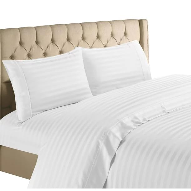 RUMICAFeb 400TC Queen Size Sheet Set - 100% Egyptian Cotton Cooling - Hotel Luxury Bed Sheets - Extra Soft - Upto 10"-12" Deep Pockets - Easy Fit - 4PC White Stripe Bed Sheets - Queen Sheets