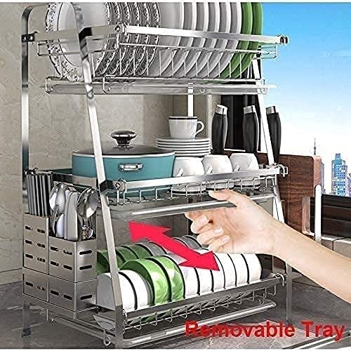 Plate Rack Dish Drainer Rack Kitchen Supplies Storage Draining with Chopsticks/Knives/Cutting Board Holder Drainboard Pan Plate Holder (Color : Silver, Size : 3-Tier)