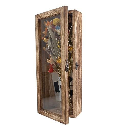 GraduatePro Shadow Box Frame 5x12 Display Case with Linen Back, Real Glass Window Door with Hinge, Picture Frame Wedding Bouquet Memorabilia Medals Photos Memory Box for Keepsakes, Carbonized Black