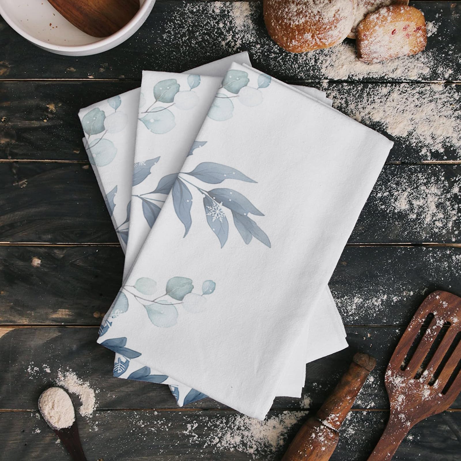 ZOE GARDEN Blue Christmas Kitchen Towels,Absorbent Microfiber Kitchen Dish Hand Tea Bath Towel,Quick Dry Cleaning Cloth Dishclothes Decorative Sets, Eucalyptus Leaves Flower Snowflake (4-PC, 18x28)