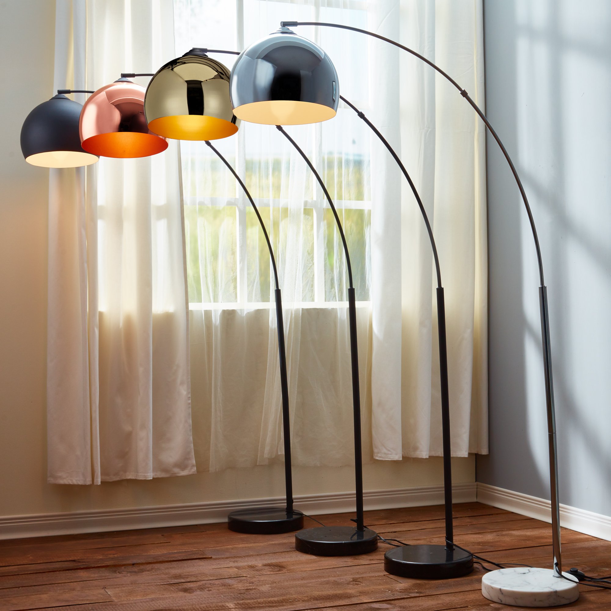 Teamson Home Arquer 66.93" Arc Floor Lamp for Living Rooms, Home Offices, Dining Rooms, Bedrooms with Faux Black Marble Base and Gold Bell Shade