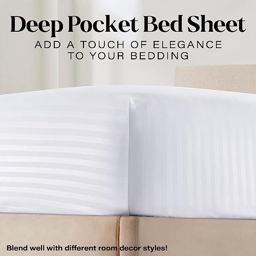 RUMICAFeb 400TC Queen Size Sheet Set - 100% Egyptian Cotton Cooling - Hotel Luxury Bed Sheets - Extra Soft - Upto 10"-12" Deep Pockets - Easy Fit - 4PC White Stripe Bed Sheets - Queen Sheets