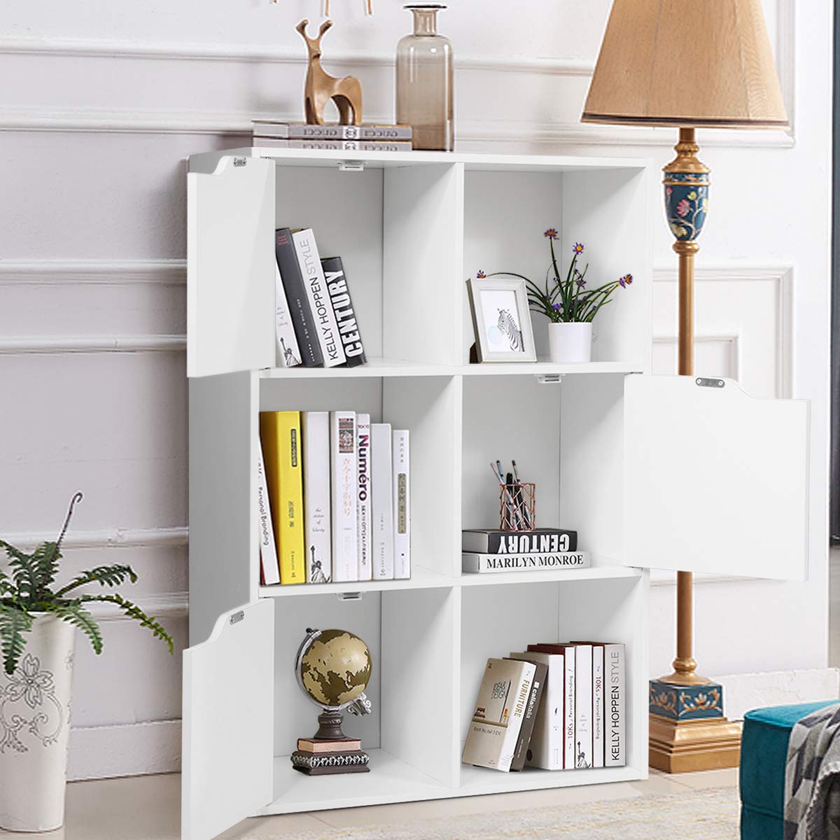 Giantex 6-Cube Storage Organizer, Storage Cabinet with 3 Open Cubes and 3 Cabinets, Free Standing Wooden Cubby Bookcase, Compartment Units for Home Office, 3-Tier Bookshelf for Books, Toys (White)
