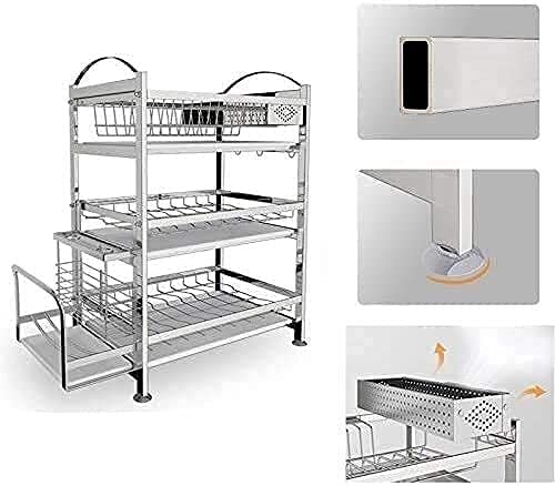 Plate Rack Dish Drainer Rack Stainless Steel with Knife Utensil Basket Removable Tray Large Space to Hold Dishes Bowls and Spoons Pan Plate Holder (Color : Silver, Size : 40.5x29x62cm)