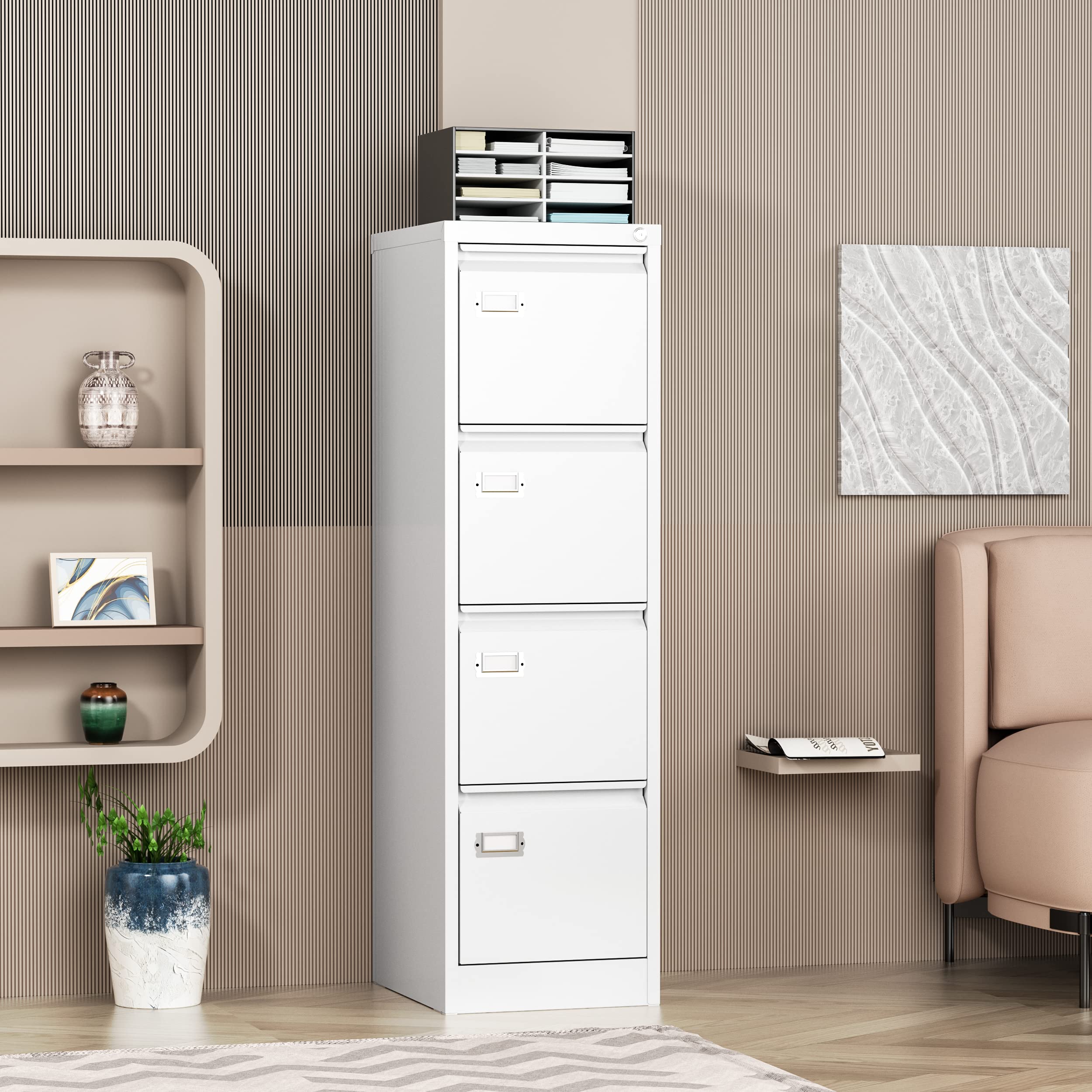 AFAIF 4 Drawer File Cabinet with Lock, Office File Cabinets for Home Office,18" Deep Metal Narrow Vertical Filing Cabinet, White File Cabinet Office Storage Cabinet Organizer fits Letter/Legal Size