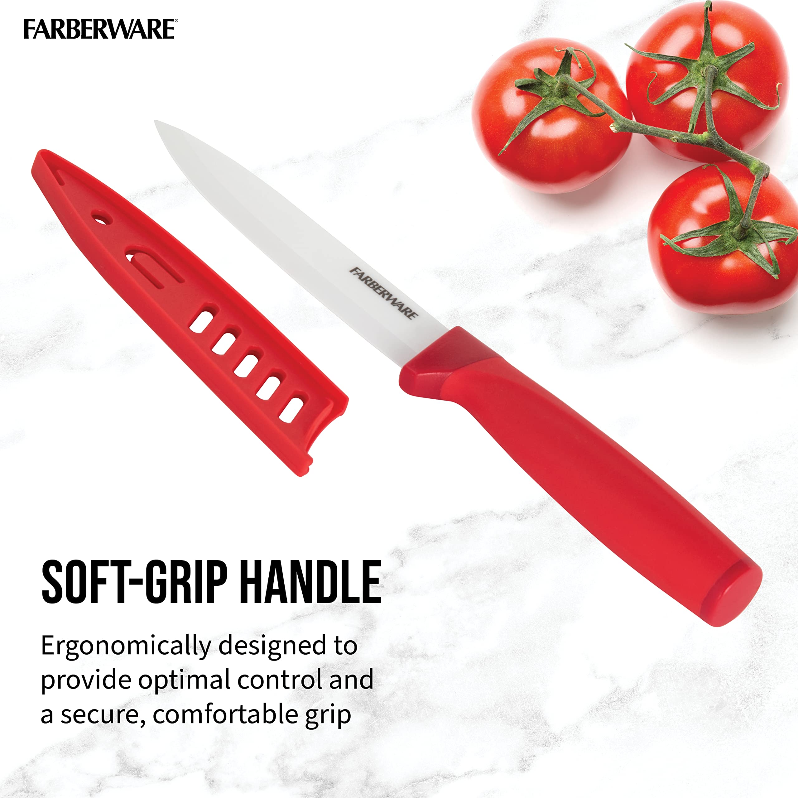 Farberware Ceramic 5-inch Utility Knife with Custom-Fit Blade Cover, Razor-Sharp Kitchen Knife with Ergonomic, Soft-Grip Handle, Dishwasher-Safe, 5-inch, Red
