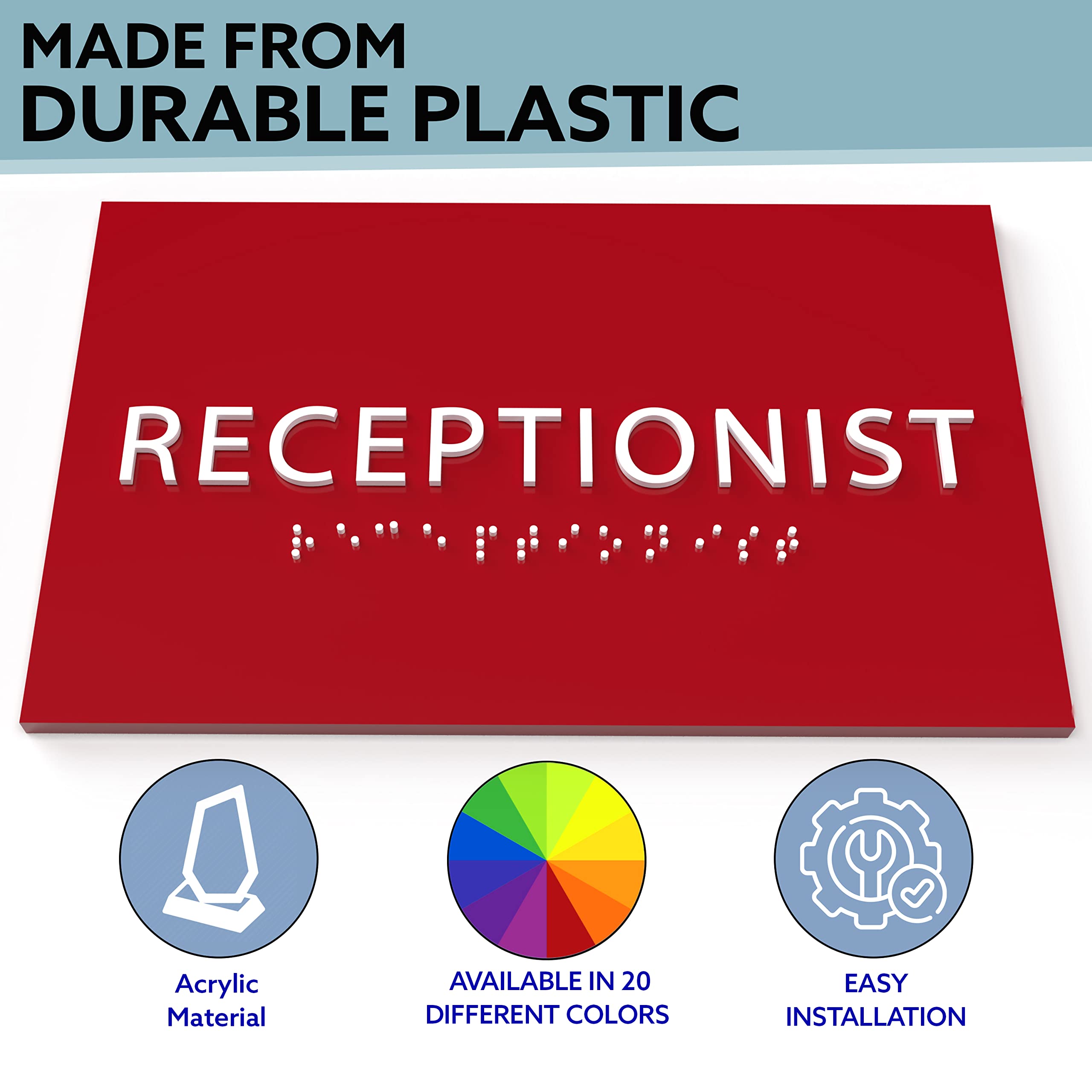 ADA CENTRAL SIGNS - 6" X4" Receptionist Sign - ADA Compliant Tactile Graphics Grade 2 Braille Text | Wall Mount Plastic Desk Service, Customer Assistance Sign for Office, Hotel, Schools, Hospital