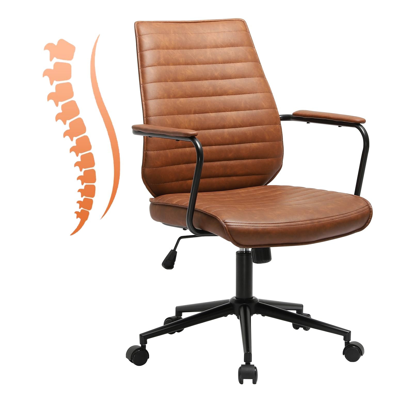 Brown Leather Office Chair, Ergonomic Mid-Back Executive Conference Task Chair, Ribbed Height Adjustable Swivel Rolling Chair for Home Office (Brown)