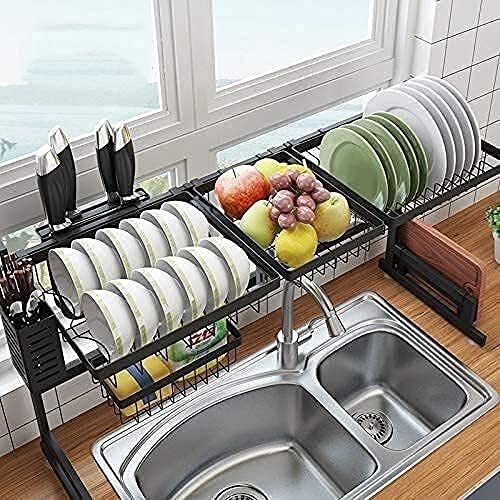 Plate Rack Dish Drainer Rack Over Sink Display Shelf Drainer Stainless Steel Kitchen Supplies Storage Shelf Utensils Holder Pan Plate Holder (Color : Black, Size : 65x32x52cm)