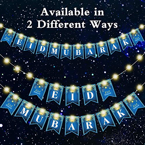 Eid Mubarak Paper Banner Eid Mubarak Bunting Banner with Led Fairy String Light 3 Flicker Modes, Eid Celebration Hanging Garland Decoration for Muslim Ramadan Party Supplies, No DIY Required (Blue)