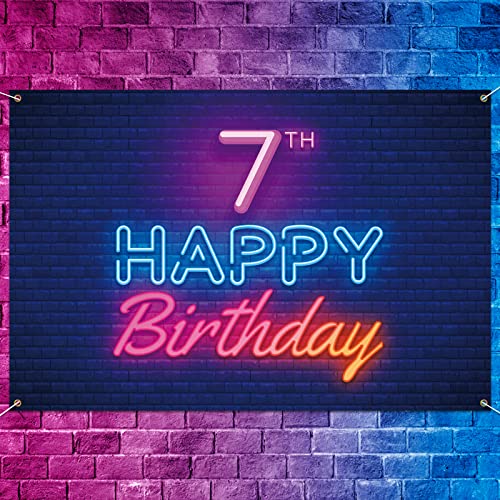 Glow Neon Happy 7th Birthday Backdrop Banner Decor Black – Colorful Glowing 7 Years Old Birthday Party Theme Decorations for Boys Girls Supplies