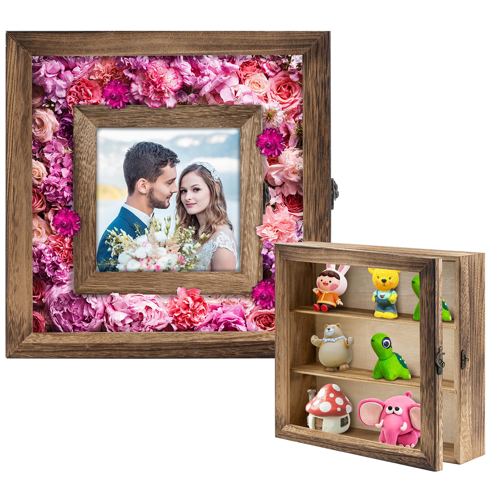Wedding Gift Shadow Box Kit, 11” x 11” and 6” x 6” Wooden Shadow Boxes, Desktop Display Case with Transparent Lid, Wall Hanging Shadow Box Frame, Memory Box for Photos, Figurines, Jewelry, Tickets