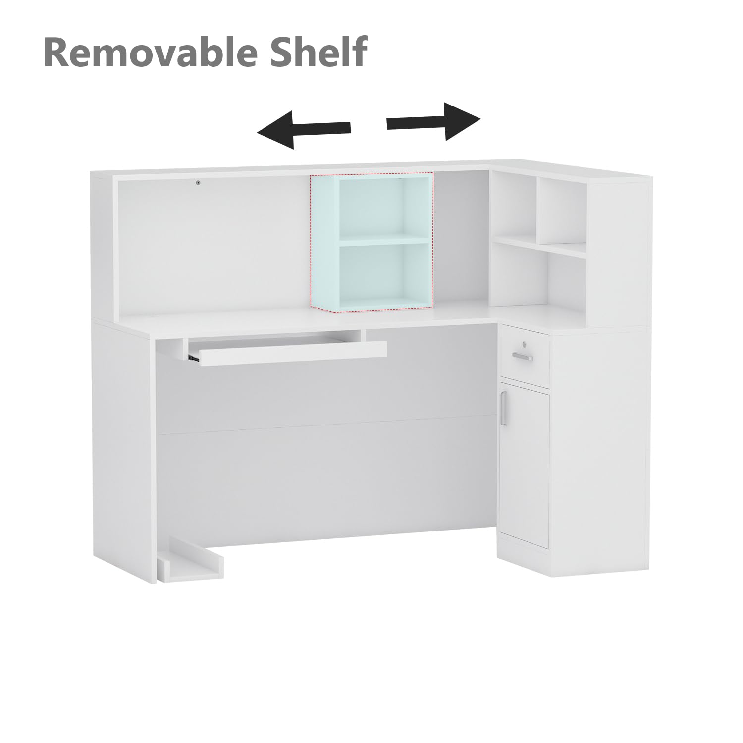 Hitow Modern Reception Desk Counter Table, L-Shap Reception Room Front Desk with Lockable Drawer & Open Shelves, Retail Counter for Salon Checkout Office, White (55.9" W x 32.3" D x 48.4" H)
