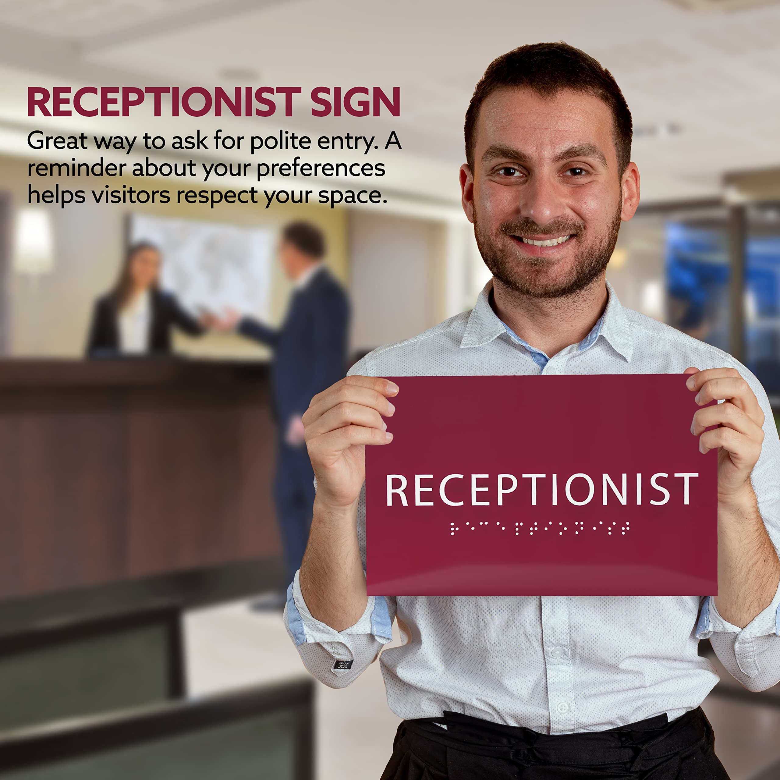 ADA CENTRAL SIGNS - 6" X4" Receptionist Sign - ADA Compliant Tactile Graphics Grade 2 Braille Text | Wall Mount Plastic Desk Service, Customer Assistance Sign for Office, Hotel, Schools, Hospital