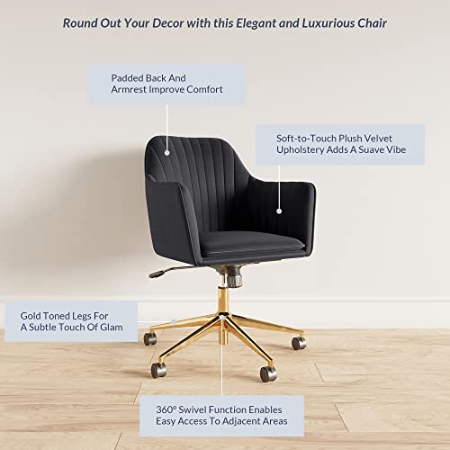 BELLEZE Modern Upholstered Velvet Desk Chair with Swivel Wheels and Adjustable Height, Decorative Rolling Office or Vanity Armchair, Stylish Comfy - Alayah (Black - Gold)