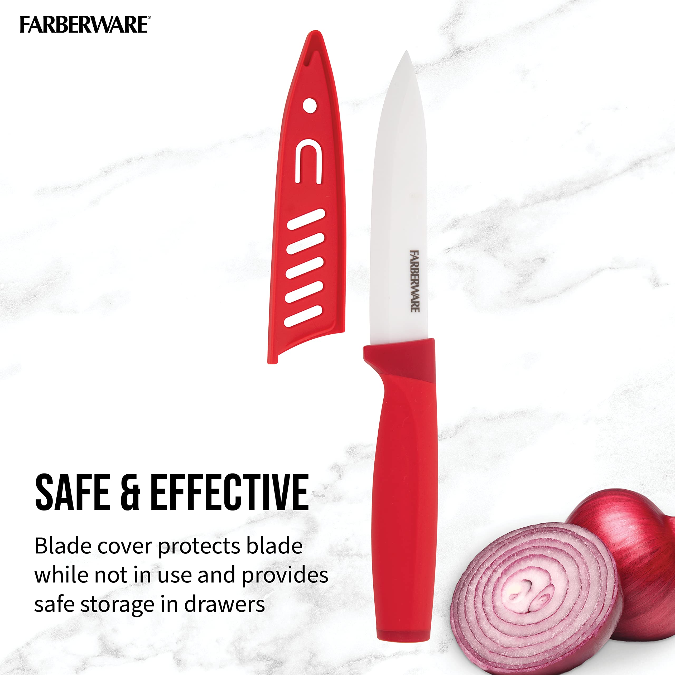 Farberware Ceramic 5-inch Utility Knife with Custom-Fit Blade Cover, Razor-Sharp Kitchen Knife with Ergonomic, Soft-Grip Handle, Dishwasher-Safe, 5-inch, Red