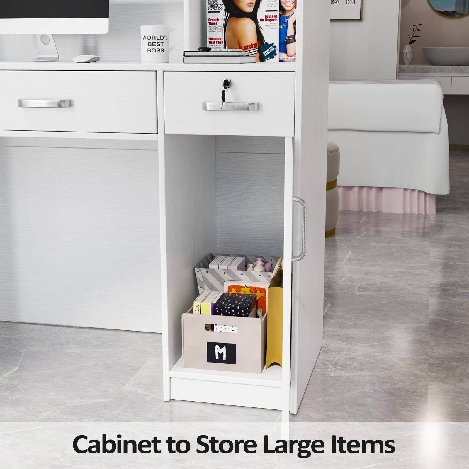 OmySalon Modern Reception Desk, Front Desk Counter with Lockable Drawers and Moveable Shelves, Receptionist Desk Retail Checkout, for Lobby Beauty Salon Office, White (47.2”W x 18.9”D x 43.7”H)