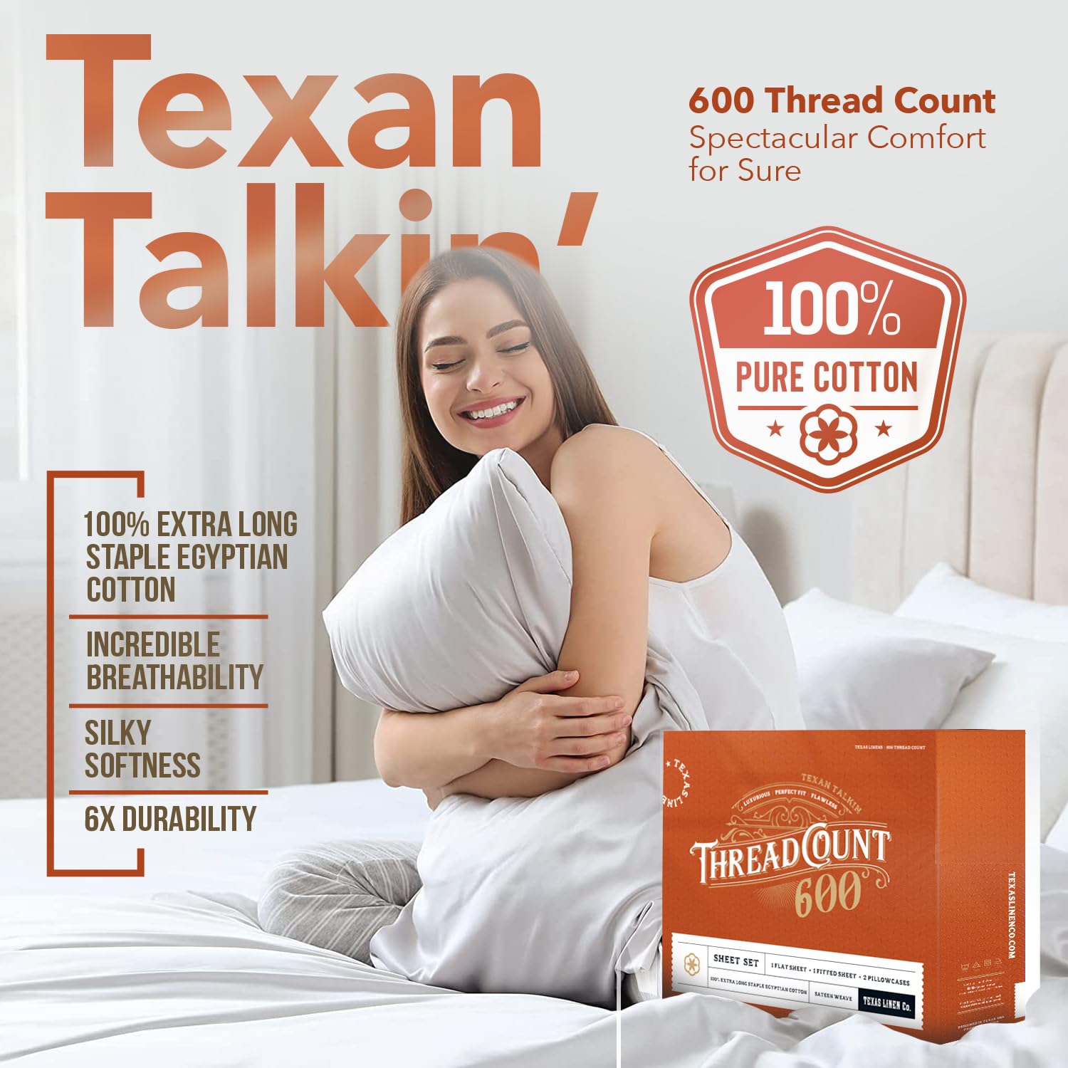 TEXAS LINEN CO. 100% Egyptian Cotton Sheets, 600 Thread Count 4 PC Queen Size Sheet Set, Soft, Cooling, High Thread Count Sateen, Extra Long Staple Luxury Bedding, 16 in Deep Pocket - Blush