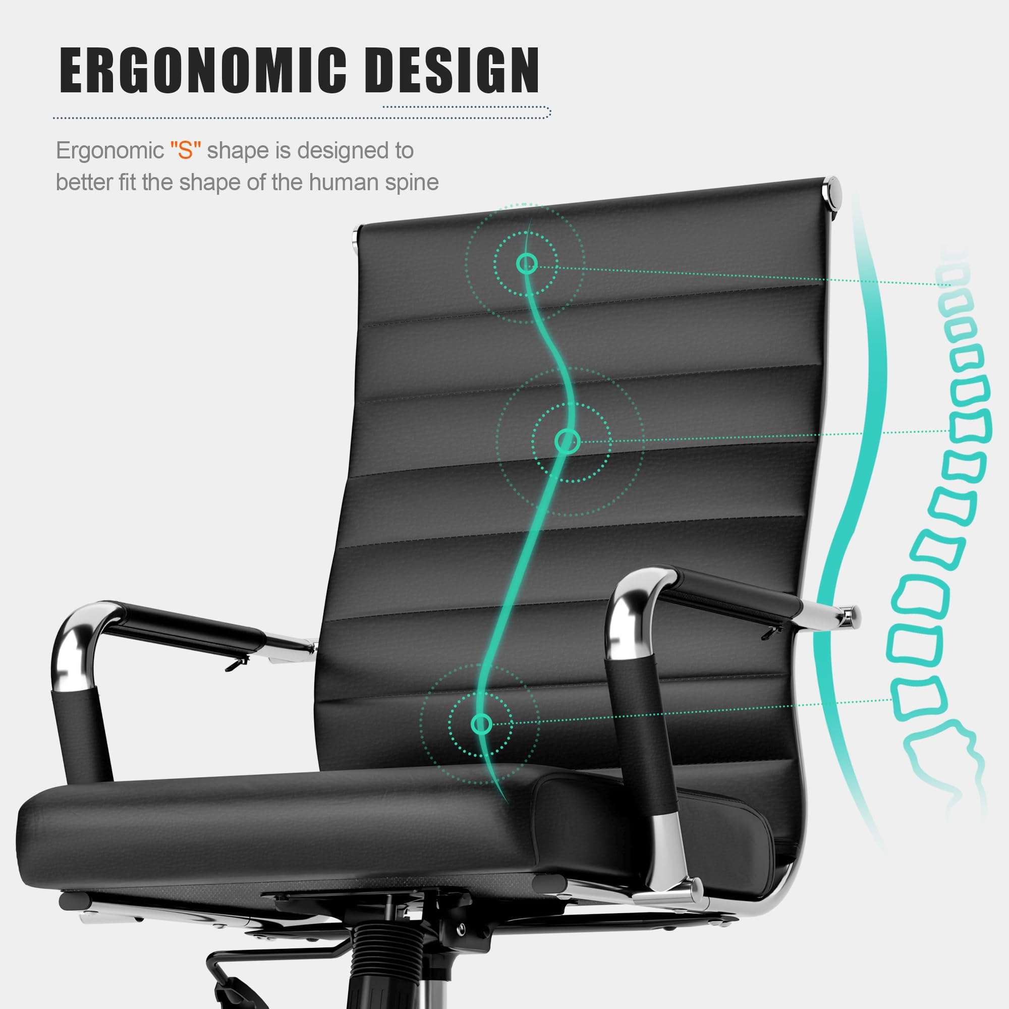 Okeysen Office Desk Chair, Ergonomic Leather Modern Conference Room Chairs, Executive Ribbed Height Adjustable Swivel Rolling Chair for Home Office. (Black)