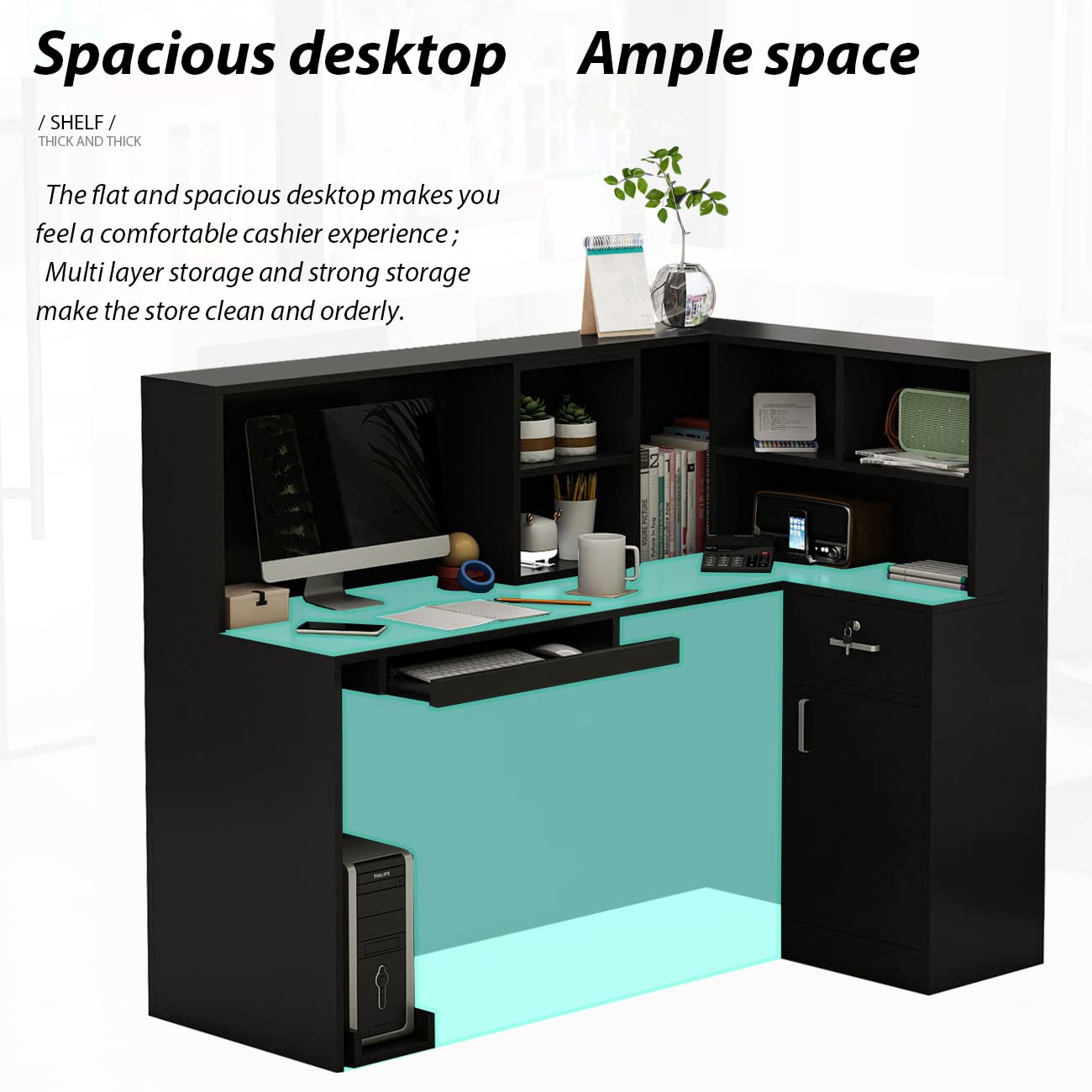 AGOTENI Reception Desk Reception Stations with Open Shelf & Drawers, L Shape Reception Table Wooden Computer Desk for Office Reception Room, Black