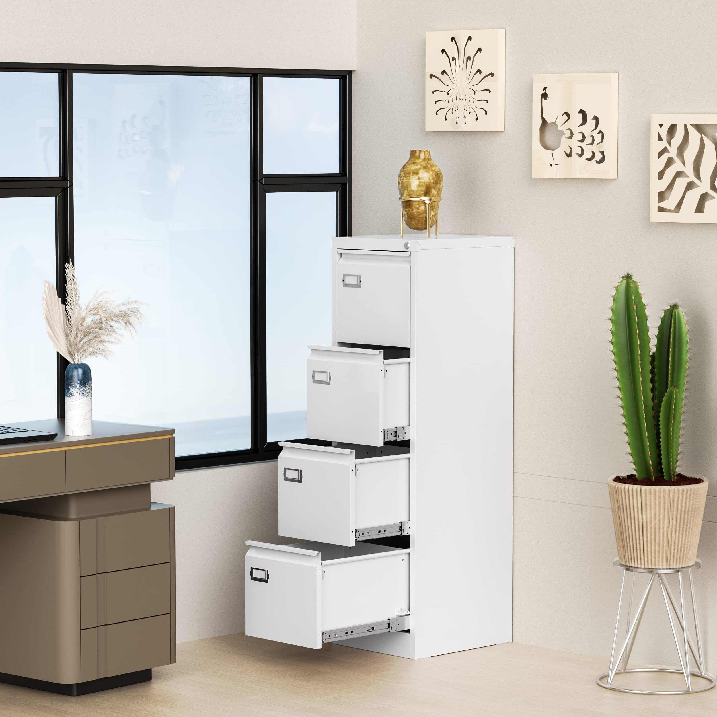 AFAIF 4 Drawer File Cabinet with Lock, Office File Cabinets for Home Office,18" Deep Metal Narrow Vertical Filing Cabinet, White File Cabinet Office Storage Cabinet Organizer fits Letter/Legal Size