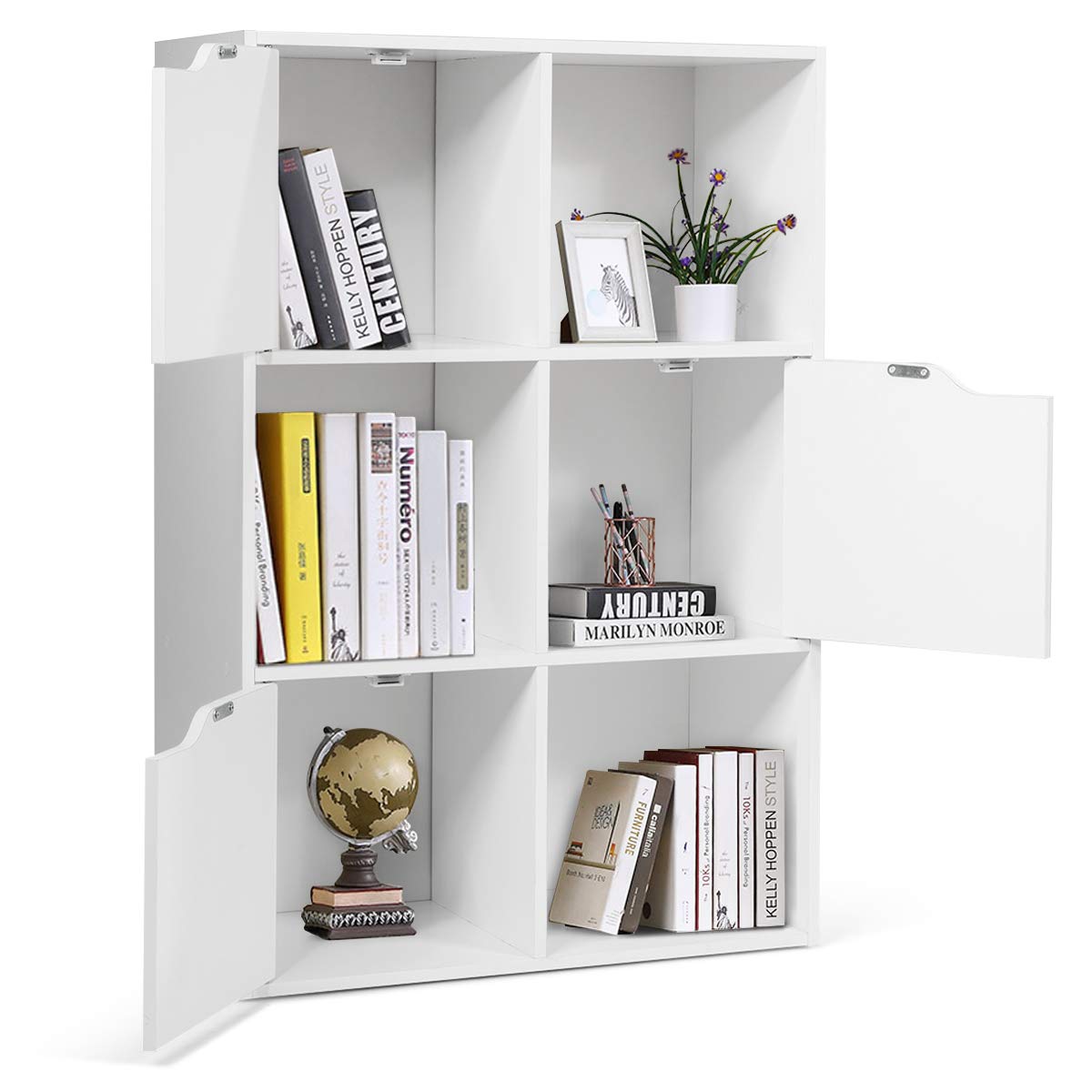 Giantex 6-Cube Storage Organizer, Storage Cabinet with 3 Open Cubes and 3 Cabinets, Free Standing Wooden Cubby Bookcase, Compartment Units for Home Office, 3-Tier Bookshelf for Books, Toys (White)