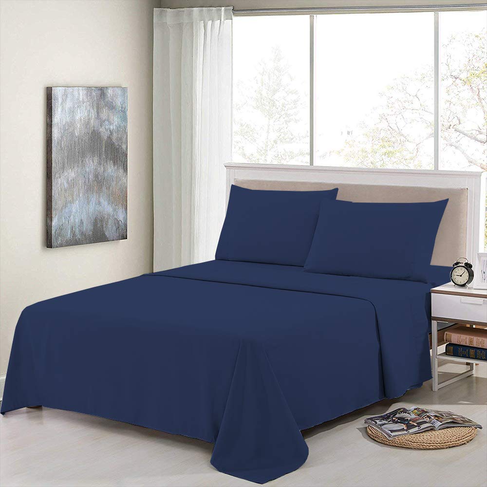 Cotton Sheets Set Navy Blue Solid Extra Long-staple Cotton 400 Thread Count Bedsheets, 72X80 Inch RV King Sheet set, Fits Mattress 16'' Deep Pocket Soft & Sateen Weave 4 Piece Sheets and Pillowcases