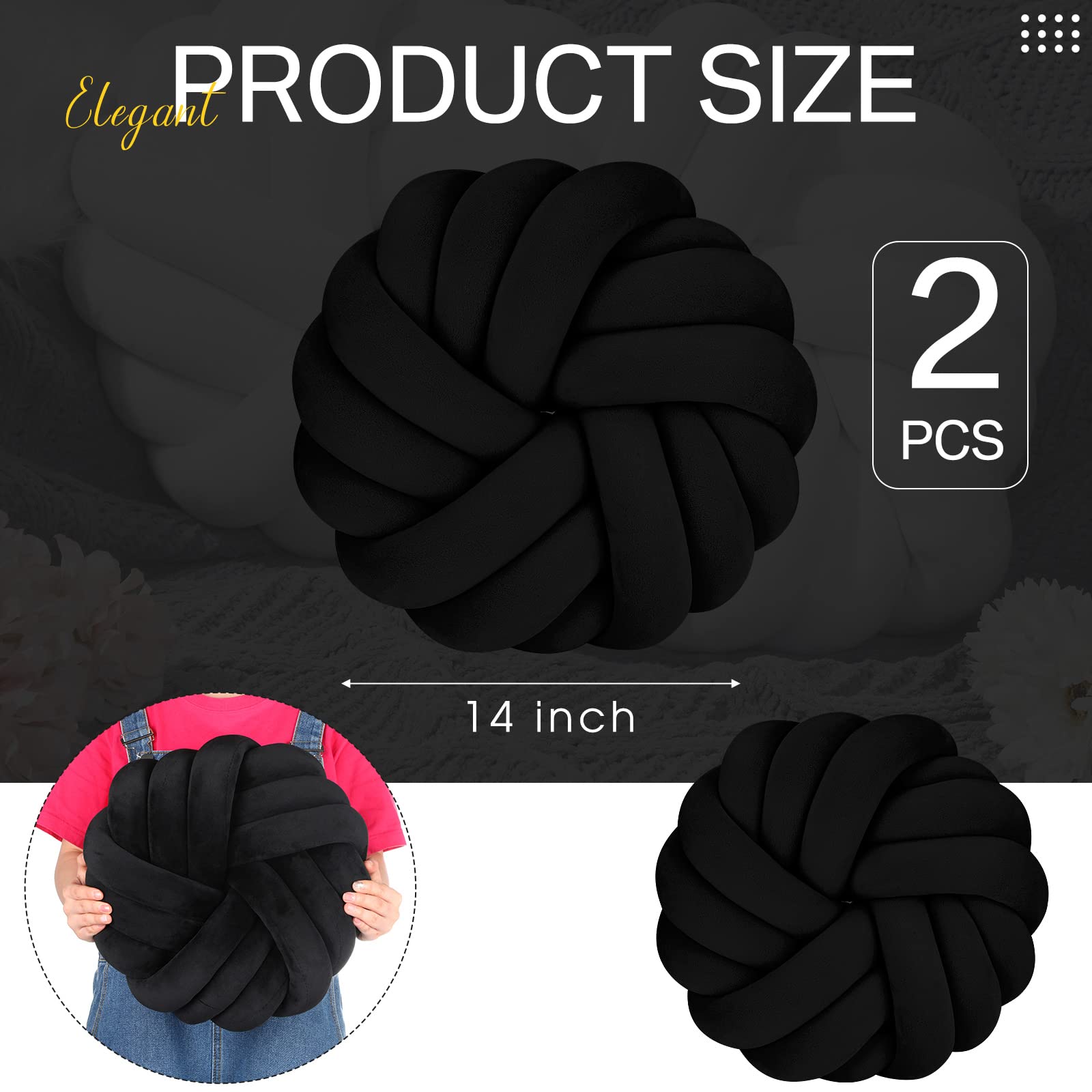 Fumete 2 Pcs Decorative Pillows 14 x 14 Inch Throw Knot Pillow for Couch Bedroom Soft Plush Sofa Ball Handmade Chair Cushion for Living Room Car Decorations (Black)