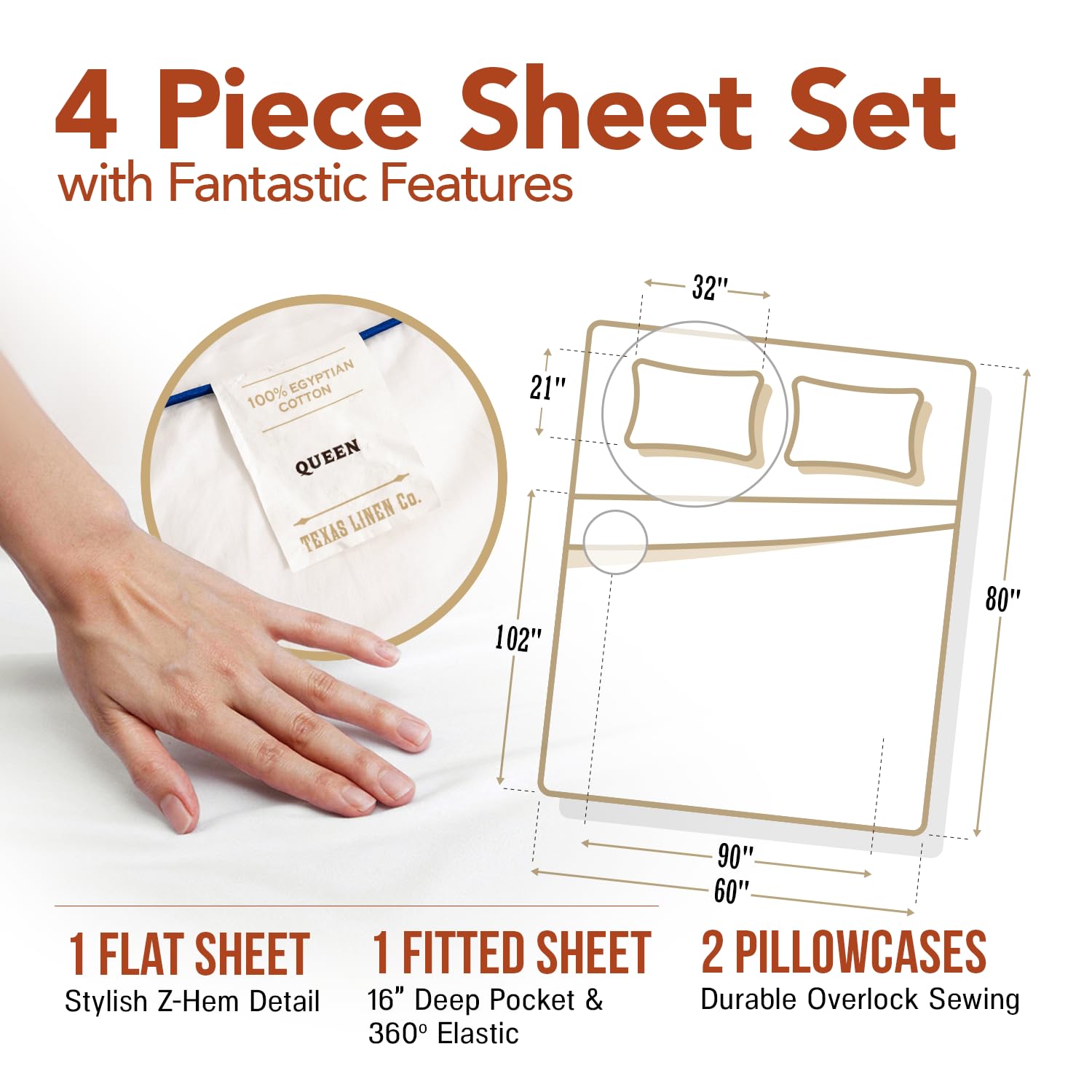 TEXAS LINEN CO. 100% Egyptian Cotton Sheets, 600 Thread Count 4 PC Queen Size Sheet Set, Soft, Cooling, High Thread Count Sateen, Extra Long Staple Luxury Bedding, 16 in Deep Pocket - Blush