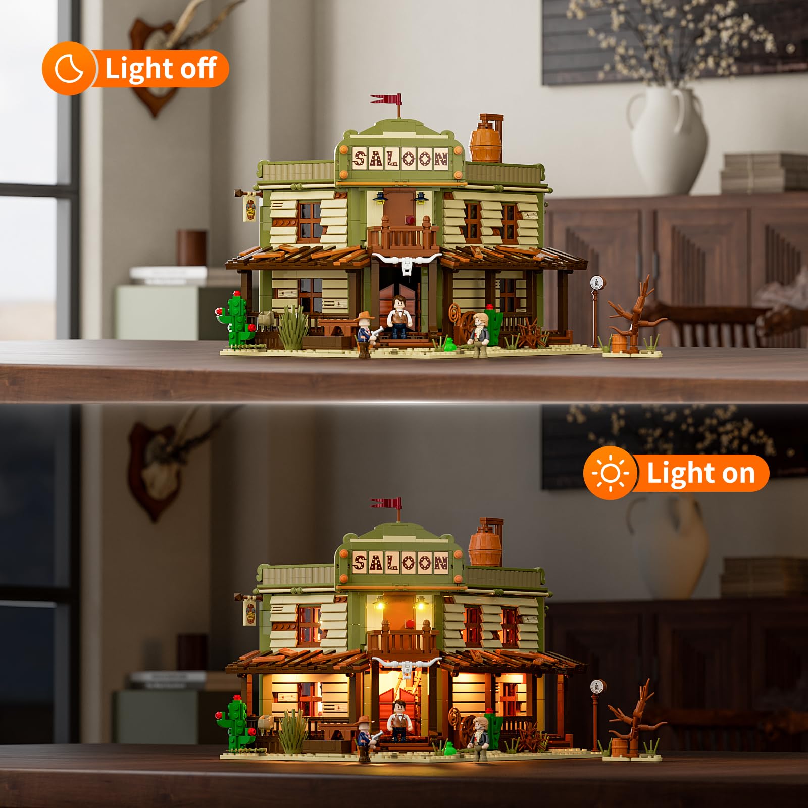 FUNWHOLE Western-Saloon Lighting Building-Bricks Set - The Old West Saloon LED Light Construction Building Model Set 2026 Pcs for Adults and Teen