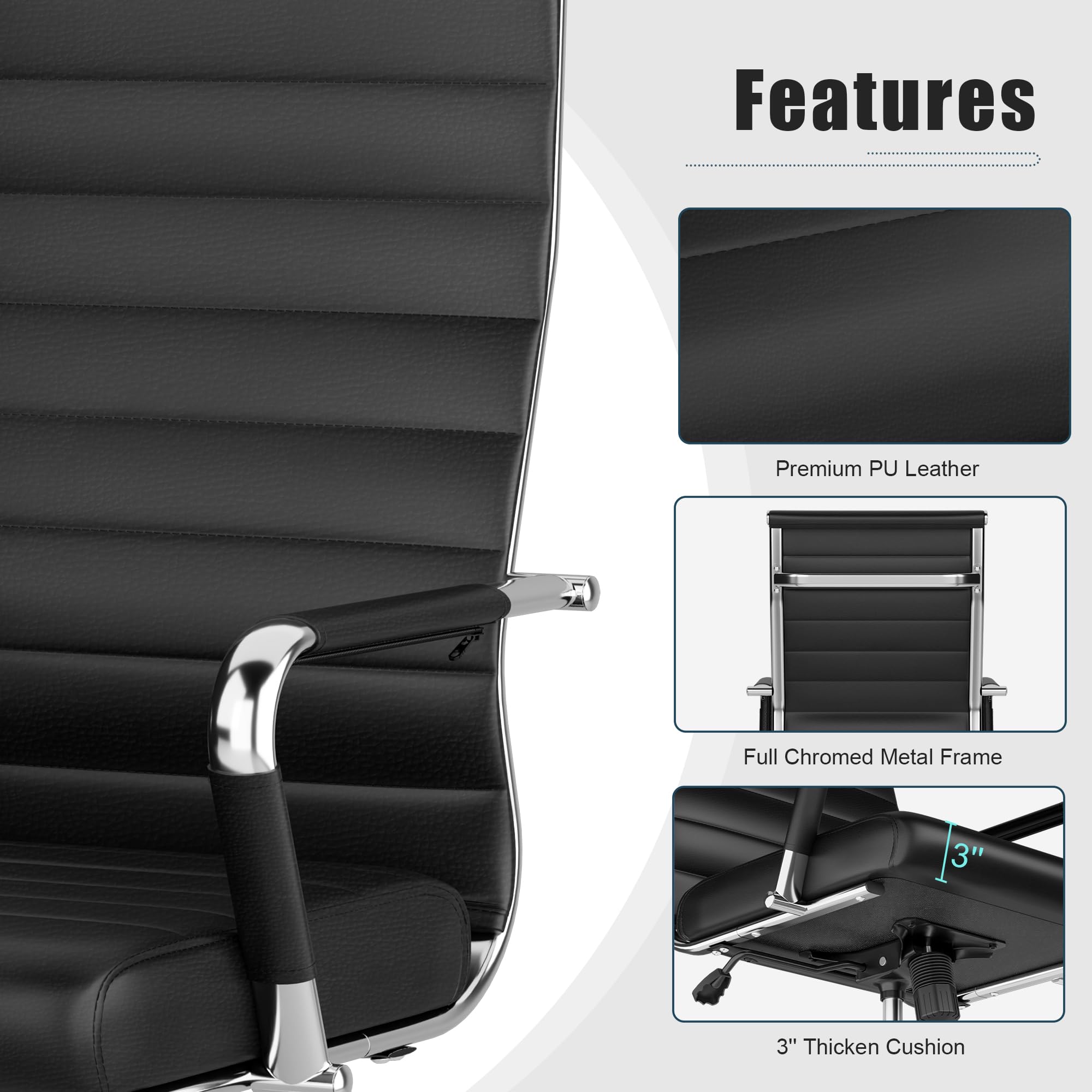 Okeysen Office Desk Chair, Ergonomic Leather Modern Conference Room Chairs, Executive Ribbed Height Adjustable Swivel Rolling Chair for Home Office. (Black)