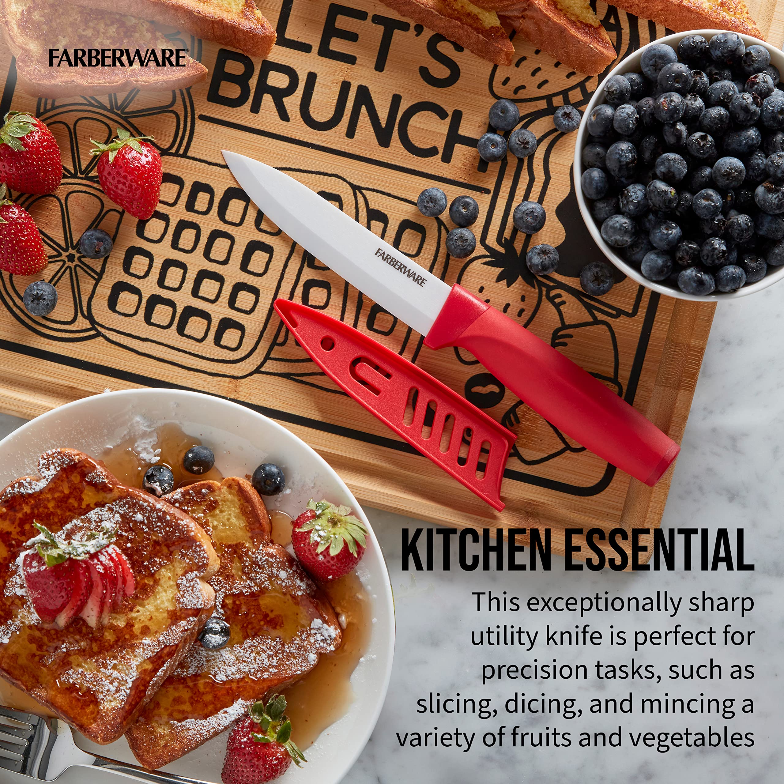 Farberware Ceramic 5-inch Utility Knife with Custom-Fit Blade Cover, Razor-Sharp Kitchen Knife with Ergonomic, Soft-Grip Handle, Dishwasher-Safe, 5-inch, Red