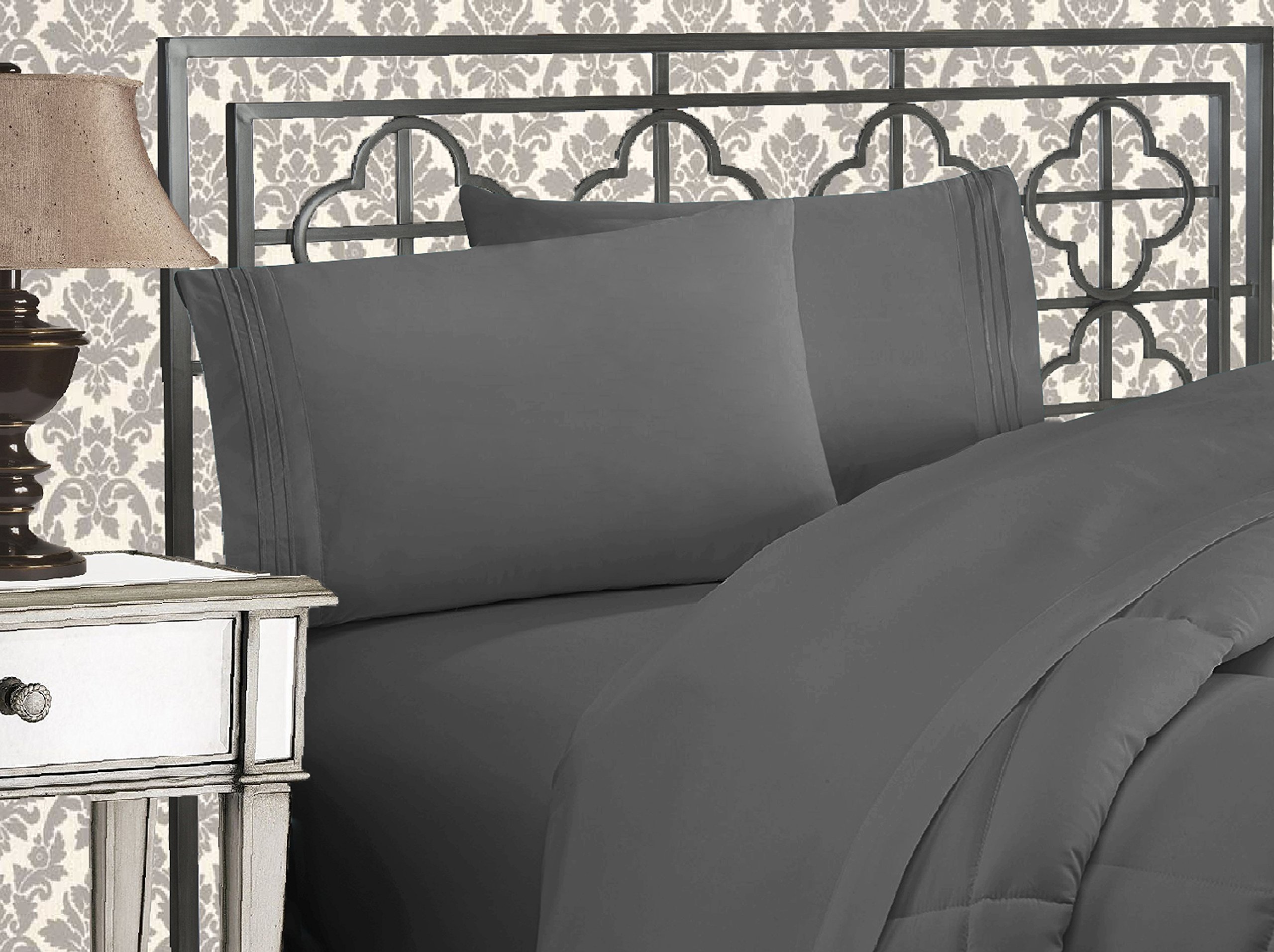 Elegant Comfort Luxurious 1500 Premium Hotel Quality Microfiber Three Line Embroidered Softest 4-Piece Bed Sheet Set, Wrinkle and Fade Resistant, Twin/Twin XL, Gray