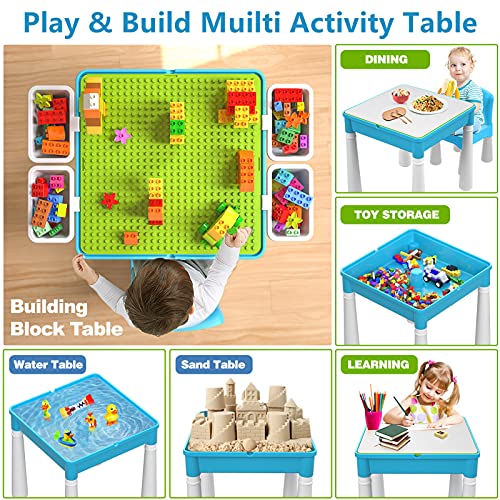 burgkidz Kids 5-in-1 Multi Activity Table Set - Building Block Table with Storage - Play Table Includes 1 Chair and 130 Pieces Compatible Large Bricks Building Blocks for Ages 2 and Up (Blue)