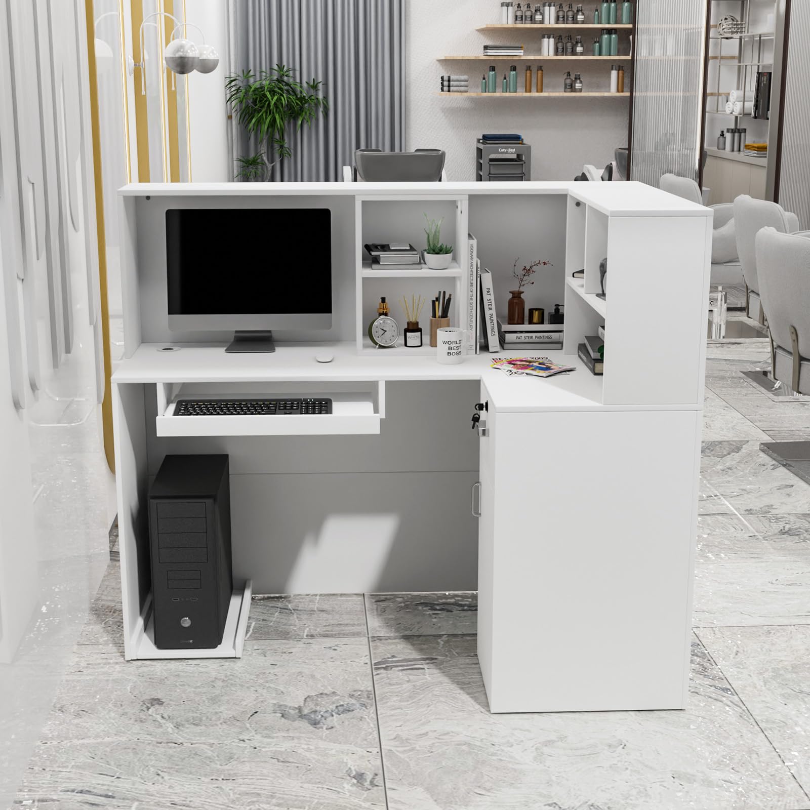 LEADZM L-Shaped Reception Desk with Counter, Front Desk with Lockable Drawers & Adjustable Shelf, Retail Checkout Counter for Beauty Salon Office, White (55.9" W x 18.9" D x 48" H)